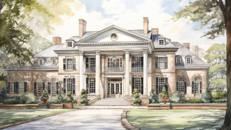 A Watercolor Rendering of a Large Mansion, AI Stock Image - Image of ...