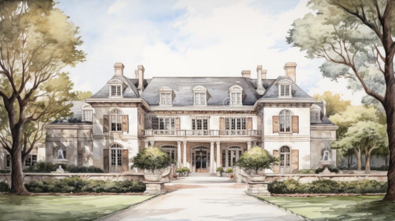 A Watercolor Rendering of a Large Mansion, AI Stock Illustration ...