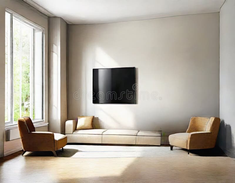 Watercolor of Rendering of a Living Room with Empty TV Stock ...