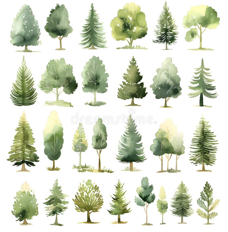 Watercolor Representation of Various Trees on a White Canvas Stock ...