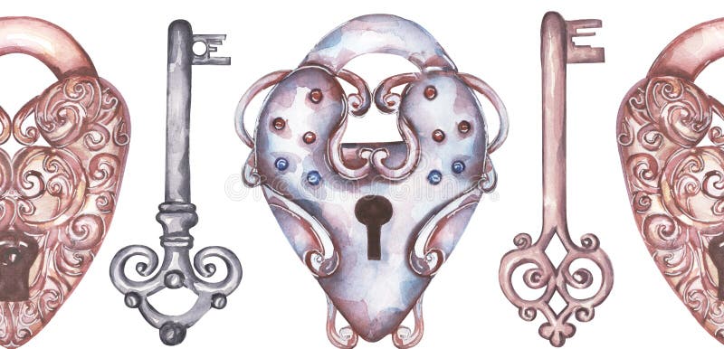 Watercolor Keys and Padlock Frame Clipart. Vintage Key and Lock Border ...
