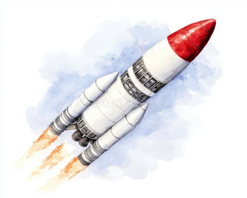 Watercolor Rocket Illustration with Modern Technology, Soaring through ...