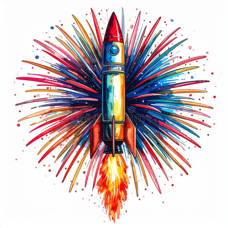 Watercolor Rocket Launch with Firework on White Background Celebration ...