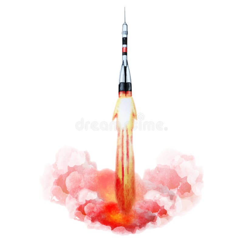Watercolor rocket launch stock vector. Illustration of cosmos - 83539120