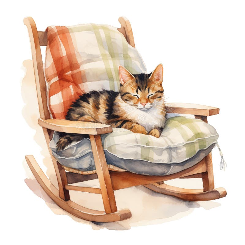 Watercolor Rocking Chair with Cat Stock Illustration - Illustration of ...