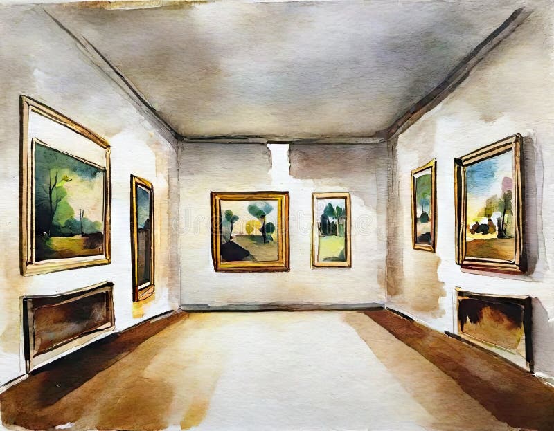 Watercolor of a Room with Art on the Walls Stock Image - Image of room ...