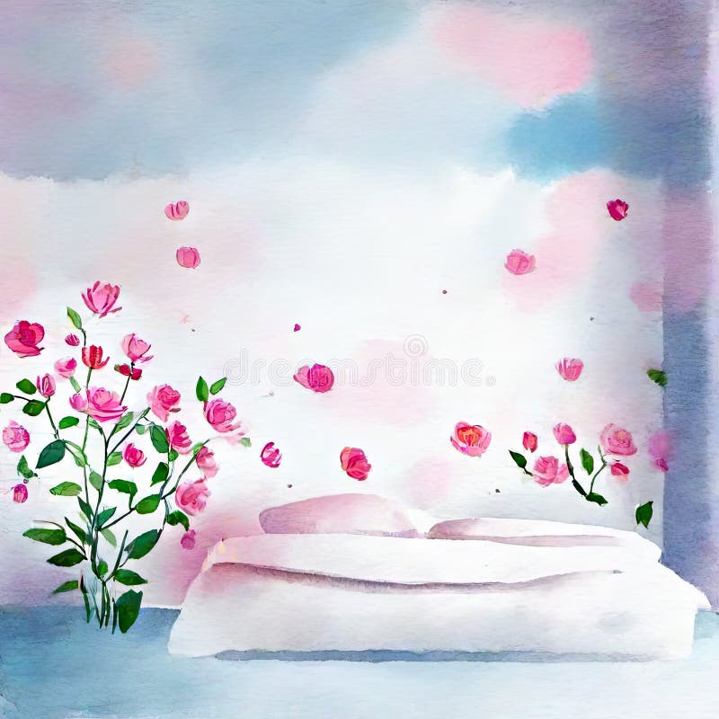 Watercolor of Rose Bed and Blue Wall in Bedroom Concept of Romantic and ...