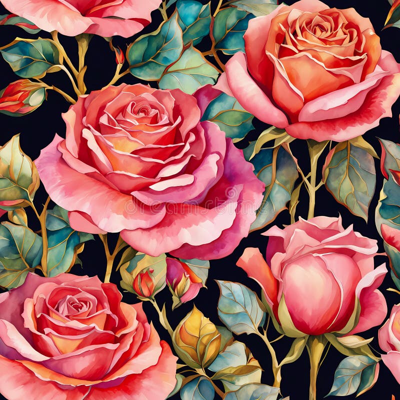 Watercolor Rose Pattern Unfurls Itself Against the Backdrop of a ...