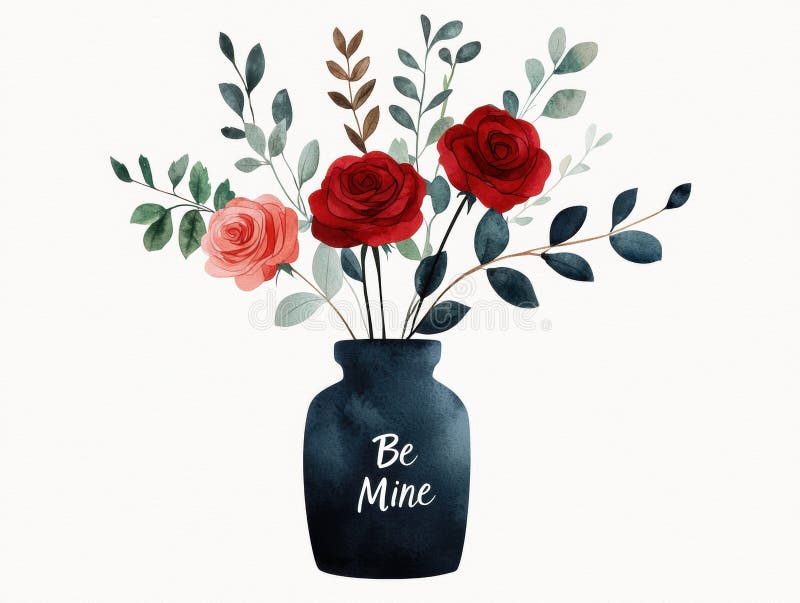 Watercolor Roses in a Dark Vase with Be Mine Text Stock Illustration ...