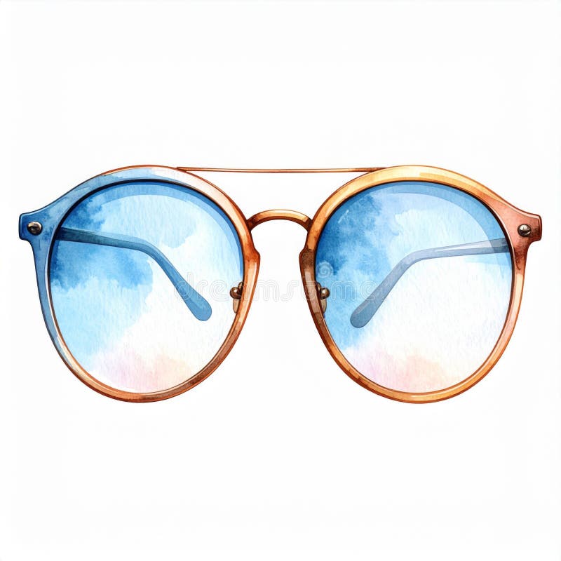 Watercolor Round Blue Sunglasses with Brown Frame Stock Illustration ...