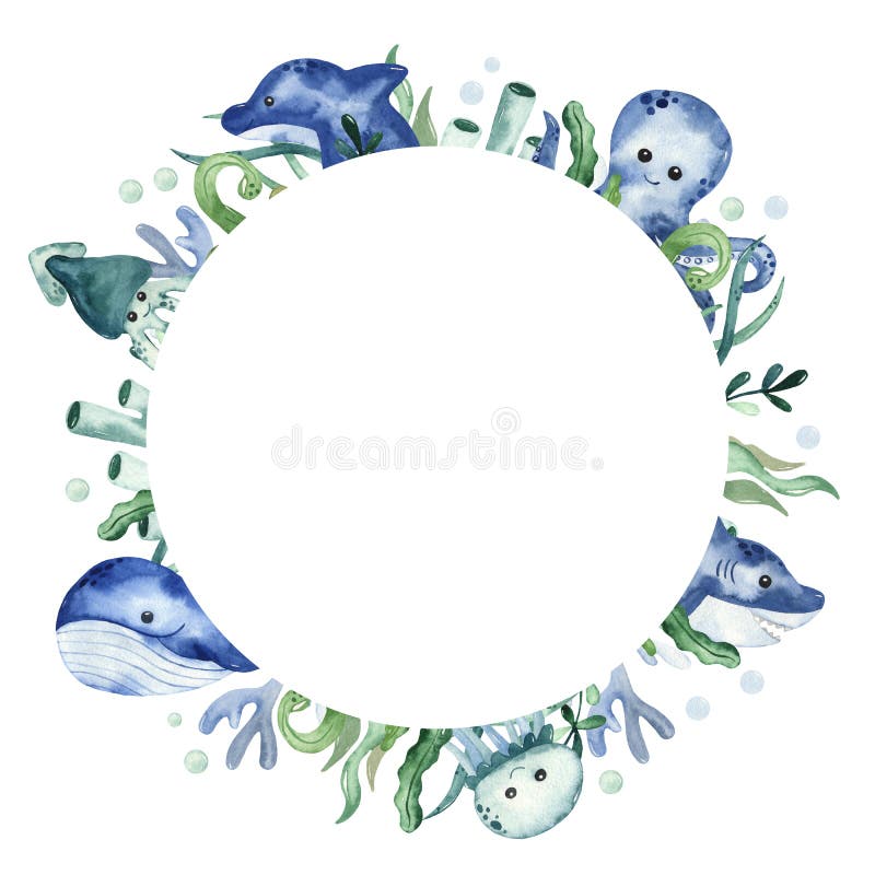 Watercolor Round Frame with Sea Creatures, Fish, Algae and Corals Stock ...