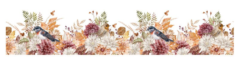 Watercolor Rustic Header with Birds and Autumn Flowers. Fall Bouquet ...