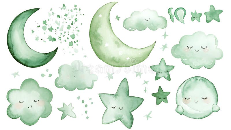 Watercolor Sage Green Moon, Stars, Clouds Stock Illustration ...