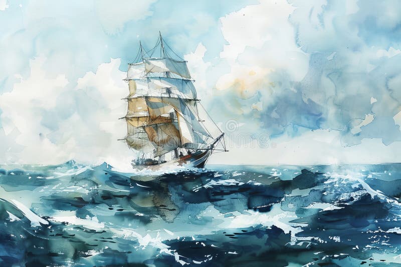 Watercolor of a Sailing Ship on the Wild Ocean Stock Image - Image of ...