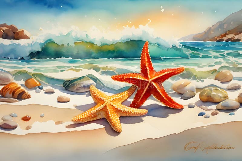 Watercolor Sandy Beach with a Starfish Stock Photo - Image of star ...