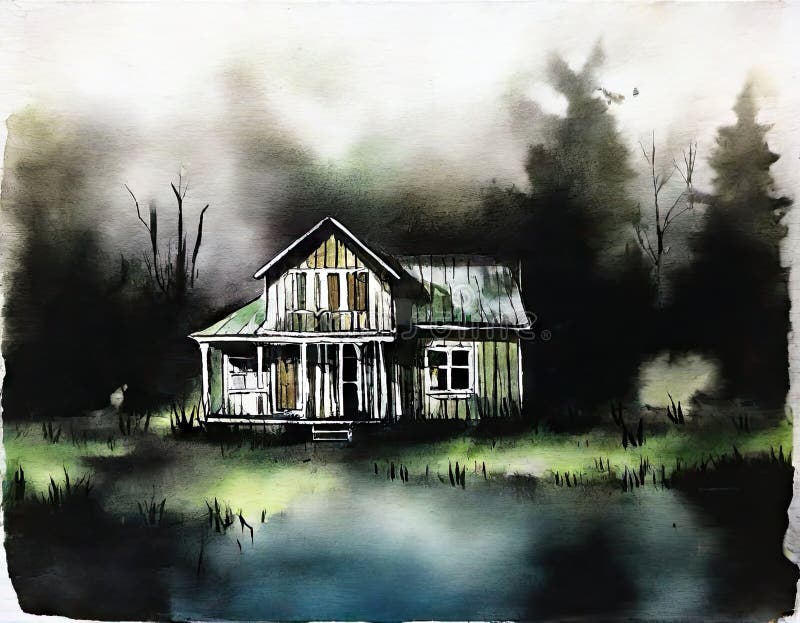Watercolor of of Scary House on Swamp Stock Illustration - Illustration ...