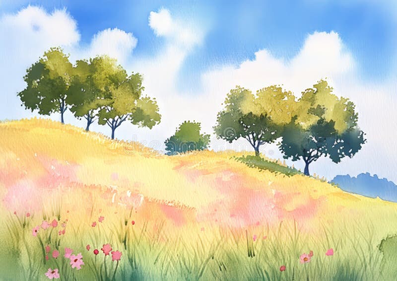 A Watercolor Scene Featuring a Sunrise, Trees, Flowers, and Grass Stock ...