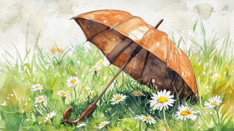 A Watercolor Scene Featuring an Umbrella in a Daisy Field. Stock Photo ...