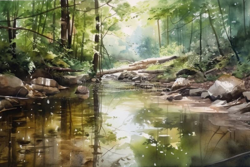 Watercolor Scene of Forest Stream with Crystal-clear Water and ...