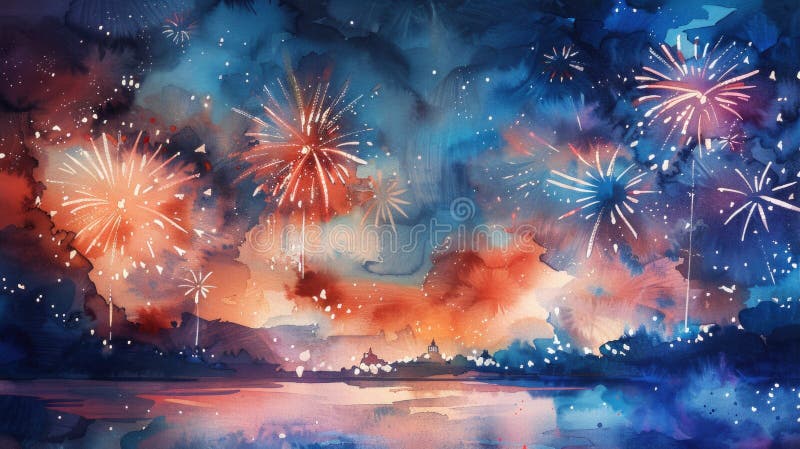 Watercolor Scenery of Fireworks Display Stock Illustration ...