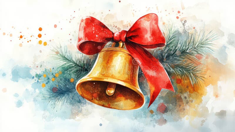 Watercolor School Golden Bell with Red Bow on Blurred Background Stock ...