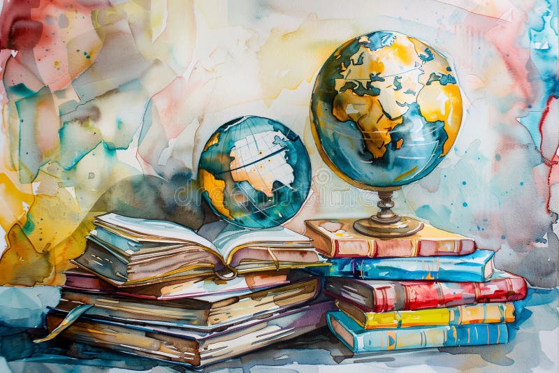 Watercolor School Set. a Stack of Books and a Globe. by Generative Ai ...