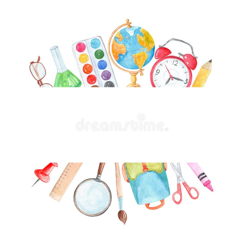 Watercolor School Tools Border Isolated on White Stock Illustration ...