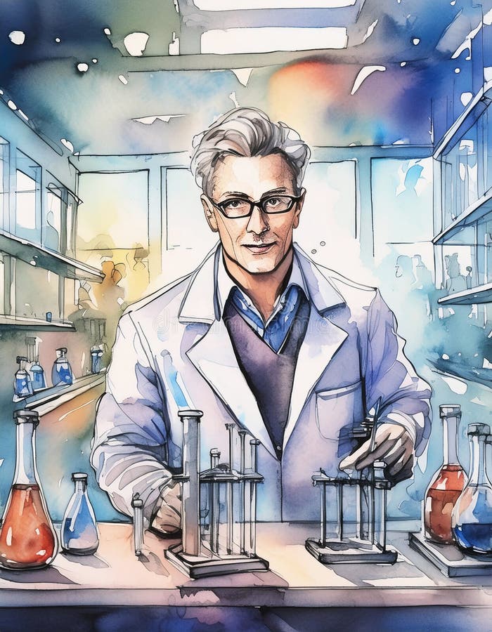 A Watercolor Scientist in a Lab with Beakers and Test Tubes Stock ...