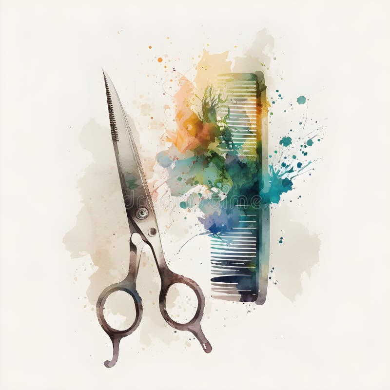 Watercolor Scissors and Comb Illustration Stock Illustration ...