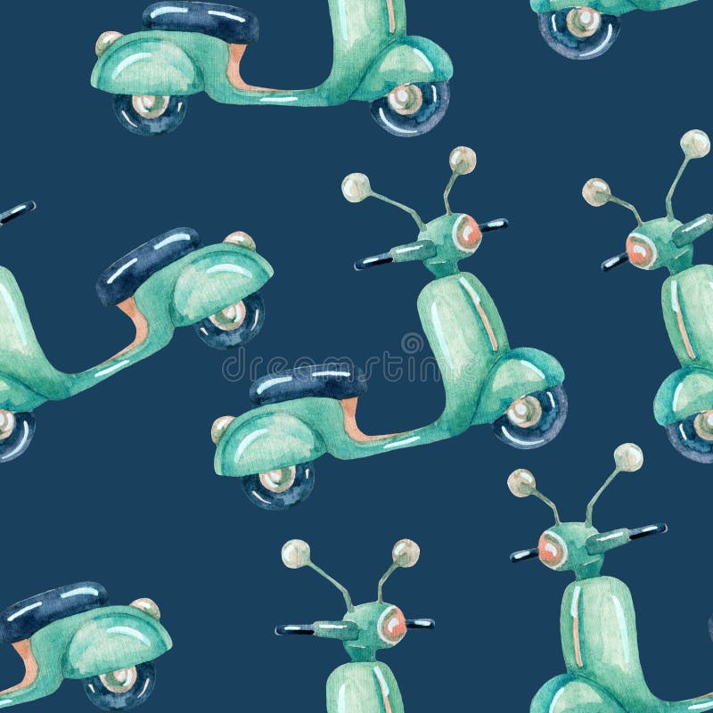 Watercolor Scooter Seamless Pattern Stock Illustration - Illustration ...