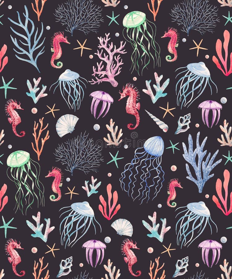 Watercolor Sea Life Pattern Stock Illustration - Illustration of horse ...