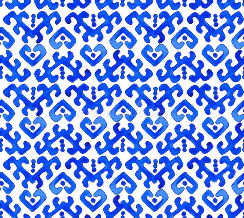 Watercolor Seamless Blue Ethnic Pattern Stock Illustration ...
