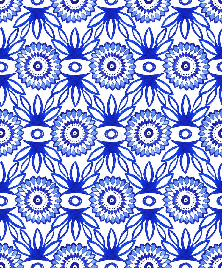 Watercolor Seamless Blue Ethnic Pattern Stock Illustration ...