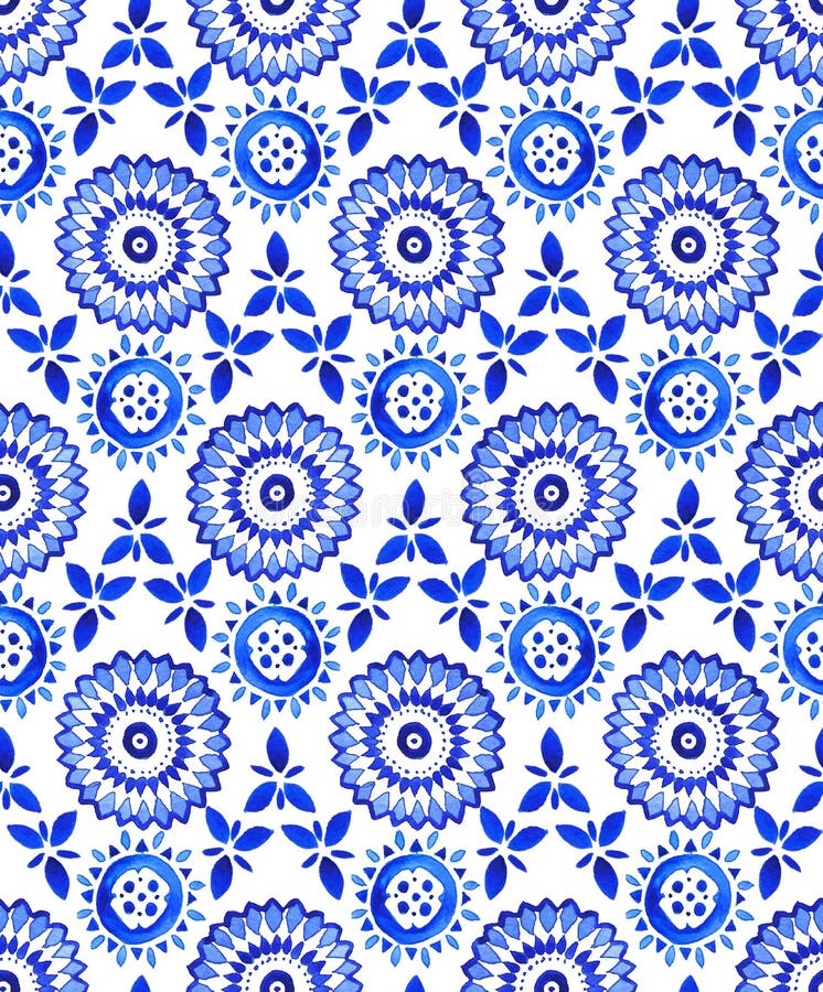 Watercolor Seamless Blue Ethnic Pattern Stock Illustration ...