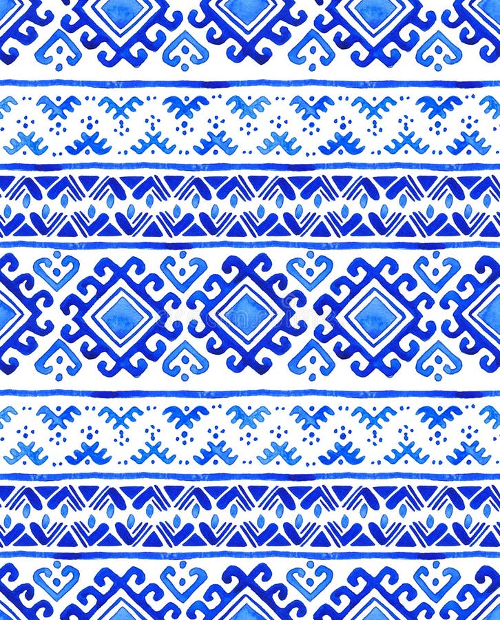 Watercolor Seamless Blue Ethnic Pattern Stock Illustration ...