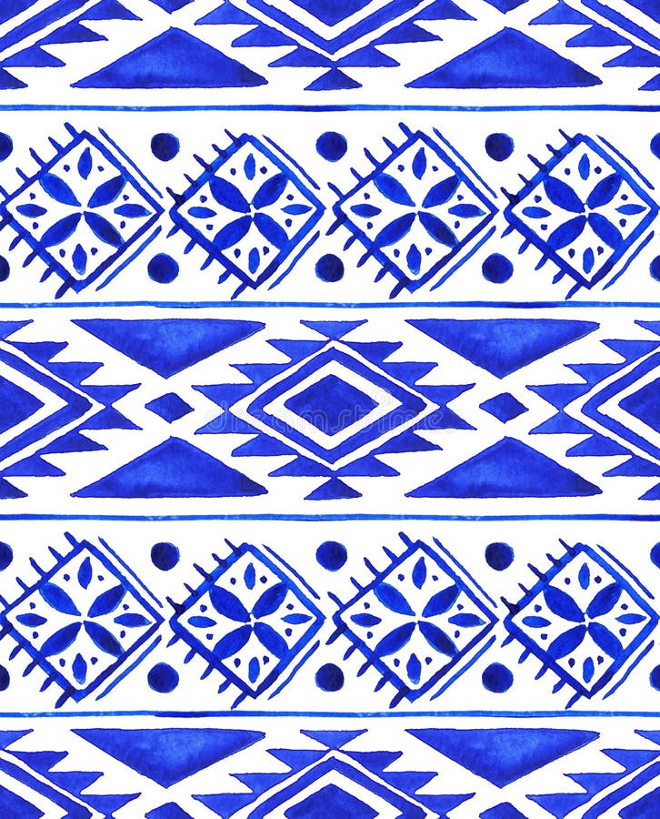 Watercolor Seamless Blue Ethnic Pattern Stock Illustration ...
