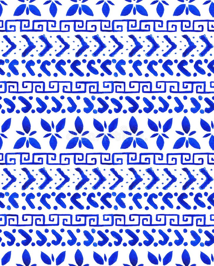 Watercolor Seamless Blue Ethnic Pattern Stock Illustration ...