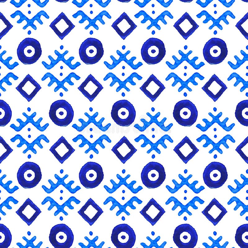 Watercolor Seamless Blue Ethnic Pattern Stock Illustration ...