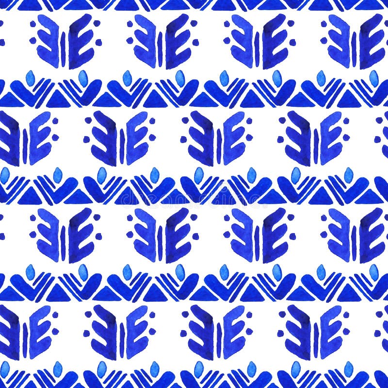 Watercolor Seamless Blue Ethnic Pattern Stock Illustration ...