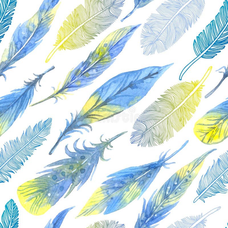 Watercolor Seamless Boho Pattern with Feathers. Hand Drawn Illustration ...