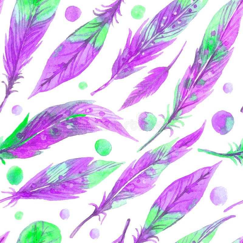 Watercolor Seamless Boho Pattern with Feathers. Hand Drawn Illustration ...