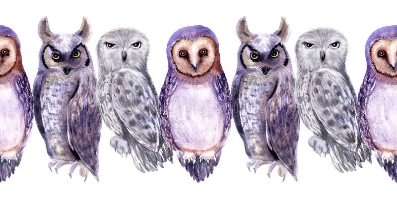 Watercolor Seamless Border with Different Types of Owls Stock ...