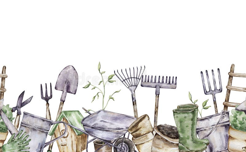 Watercolor Seamless Border of Gardening Tools Stock Illustration ...