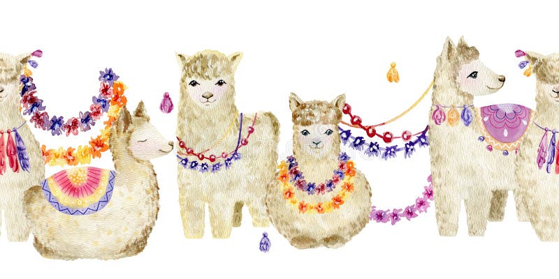 Watercolor seamless border stock illustration. Illustration of lama ...