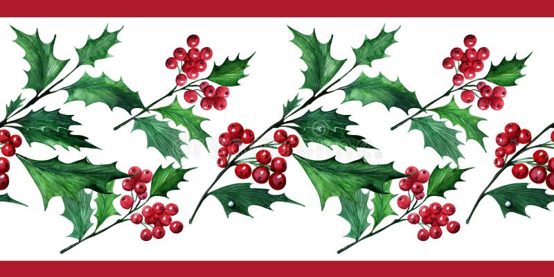Watercolor Seamless Border with Holly Plant Stock Illustration ...