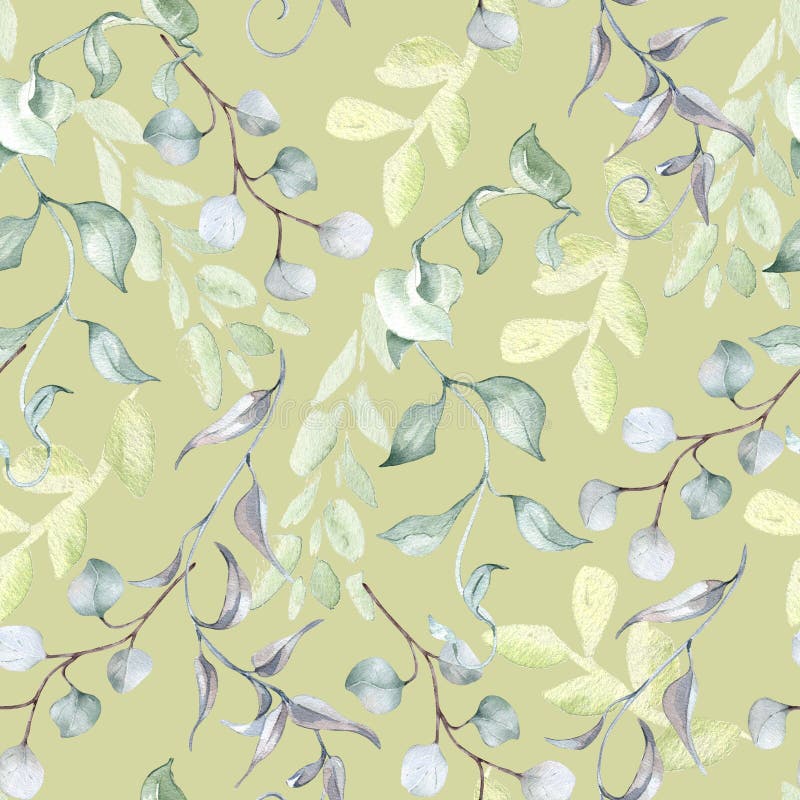 Watercolor Seamless Greenery Pattern with Twigs Eucalyptus, Leaves in ...