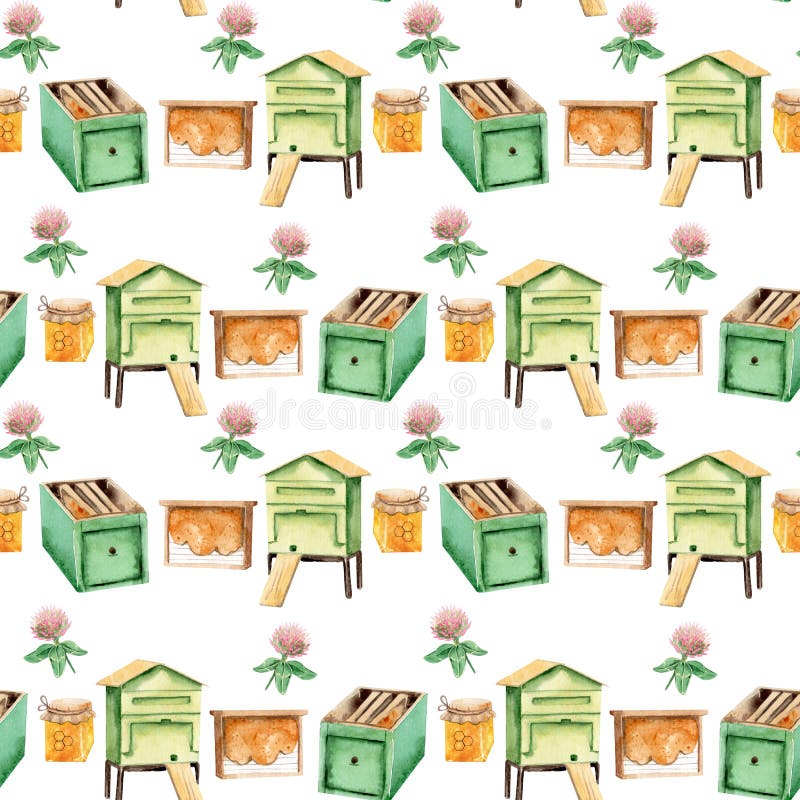 Watercolor Seamless Pattern - Apiary in the Meadow Stock Image - Image ...
