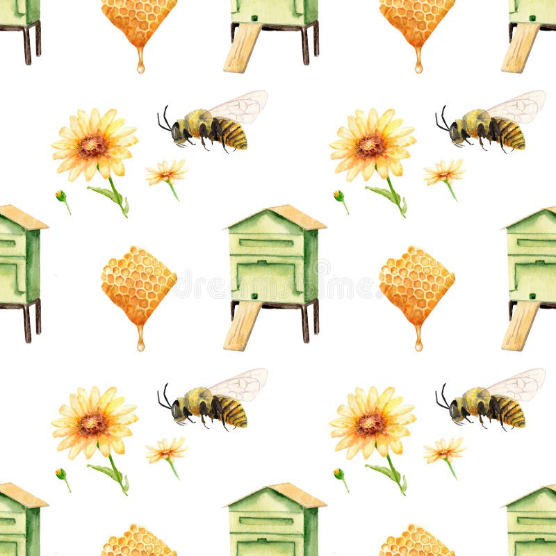 Watercolor Seamless Pattern - Apiary in the Meadow Stock Photo - Image ...