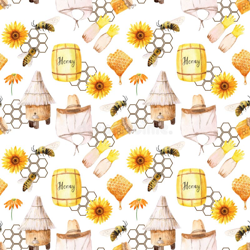 Watercolor Seamless Pattern - Apiary in the Meadow Stock Photo - Image ...