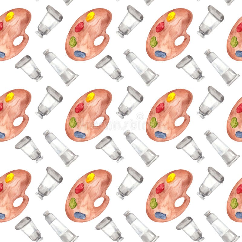 Watercolor Seamless Pattern with Art Objects Stock Illustration ...